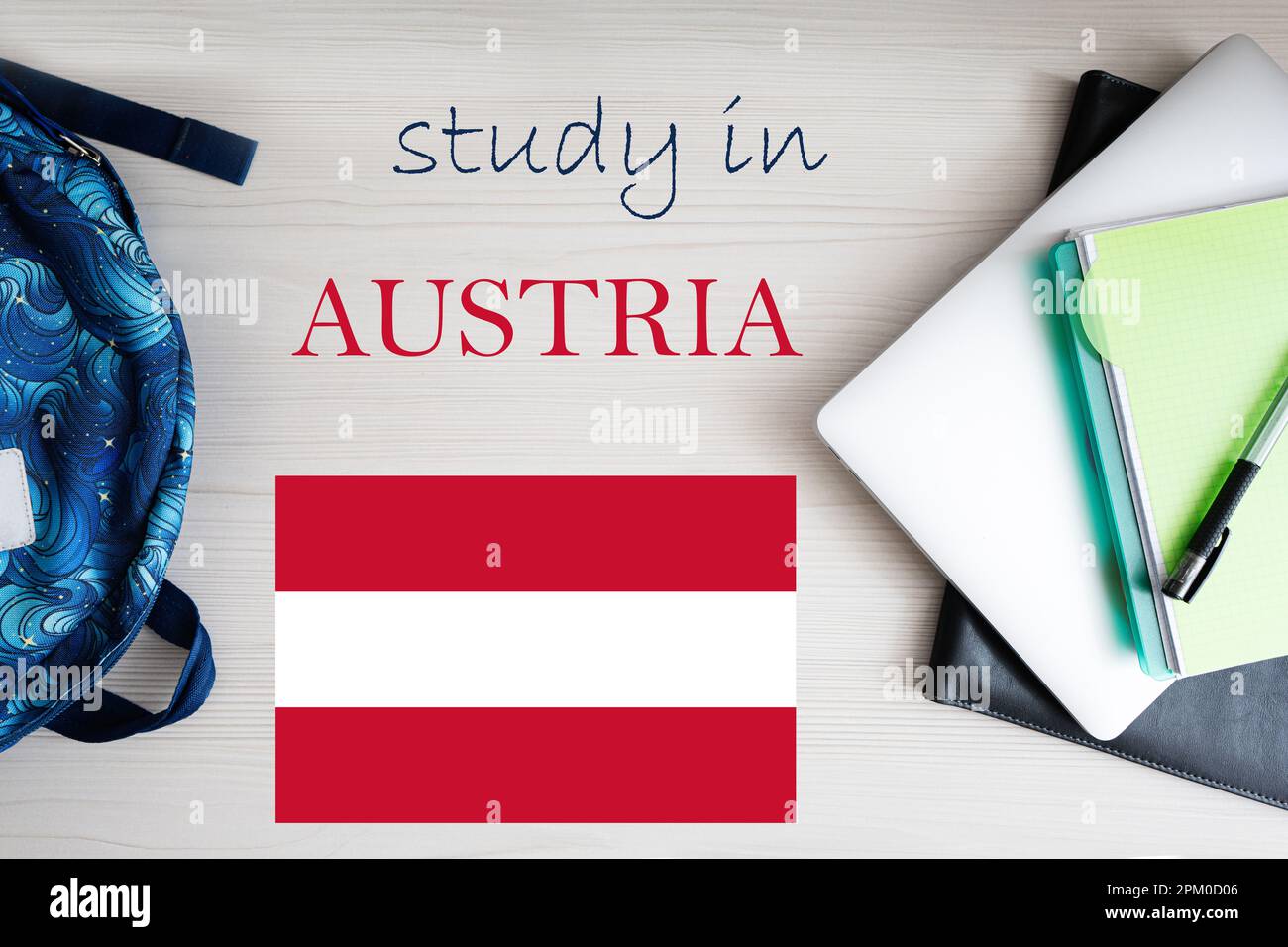 Study in Austria. Background with notepad, laptop and backpack ...