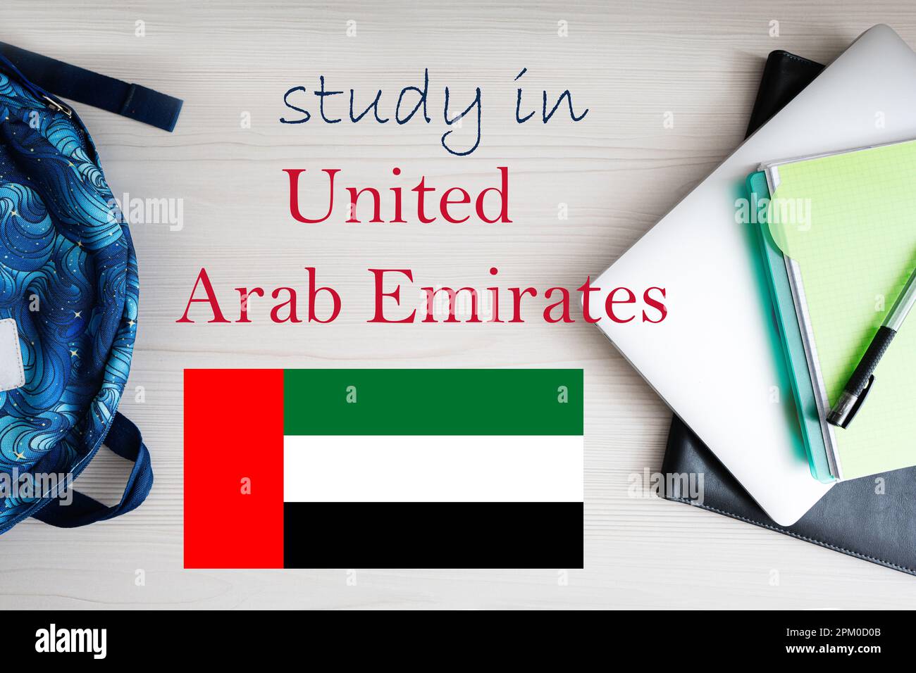 Study in United Arab Emirates. Background with notepad, laptop and ...