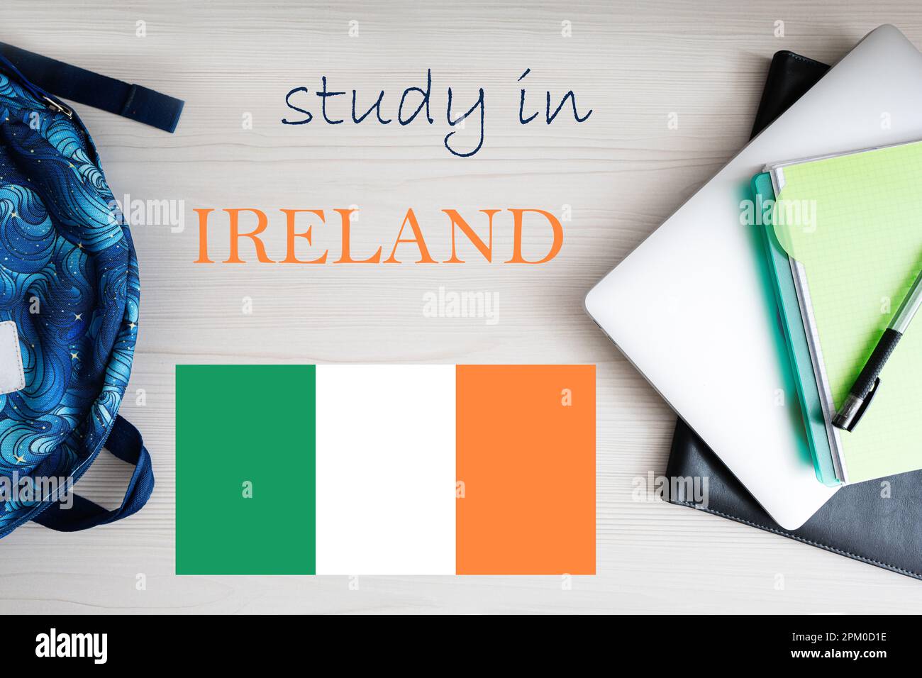 Study in Ireland. Background with notepad, laptop and backpack. Education concept Stock Photo ...