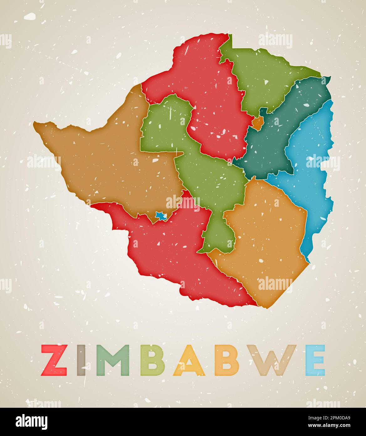 Zimbabwe map. Country poster with colored regions. Old grunge texture ...