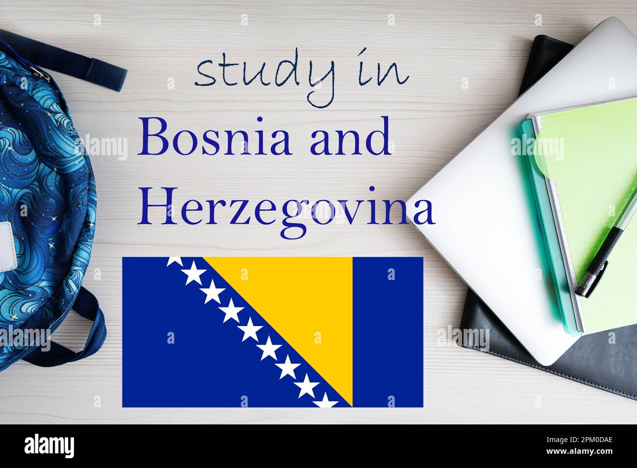 Study in Bosnia and Hezegovina. Background with notepad, laptop and ...