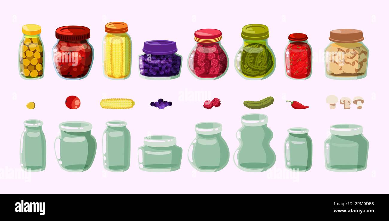 Empty and full pickled products jars cartoon illustration set Stock ...
