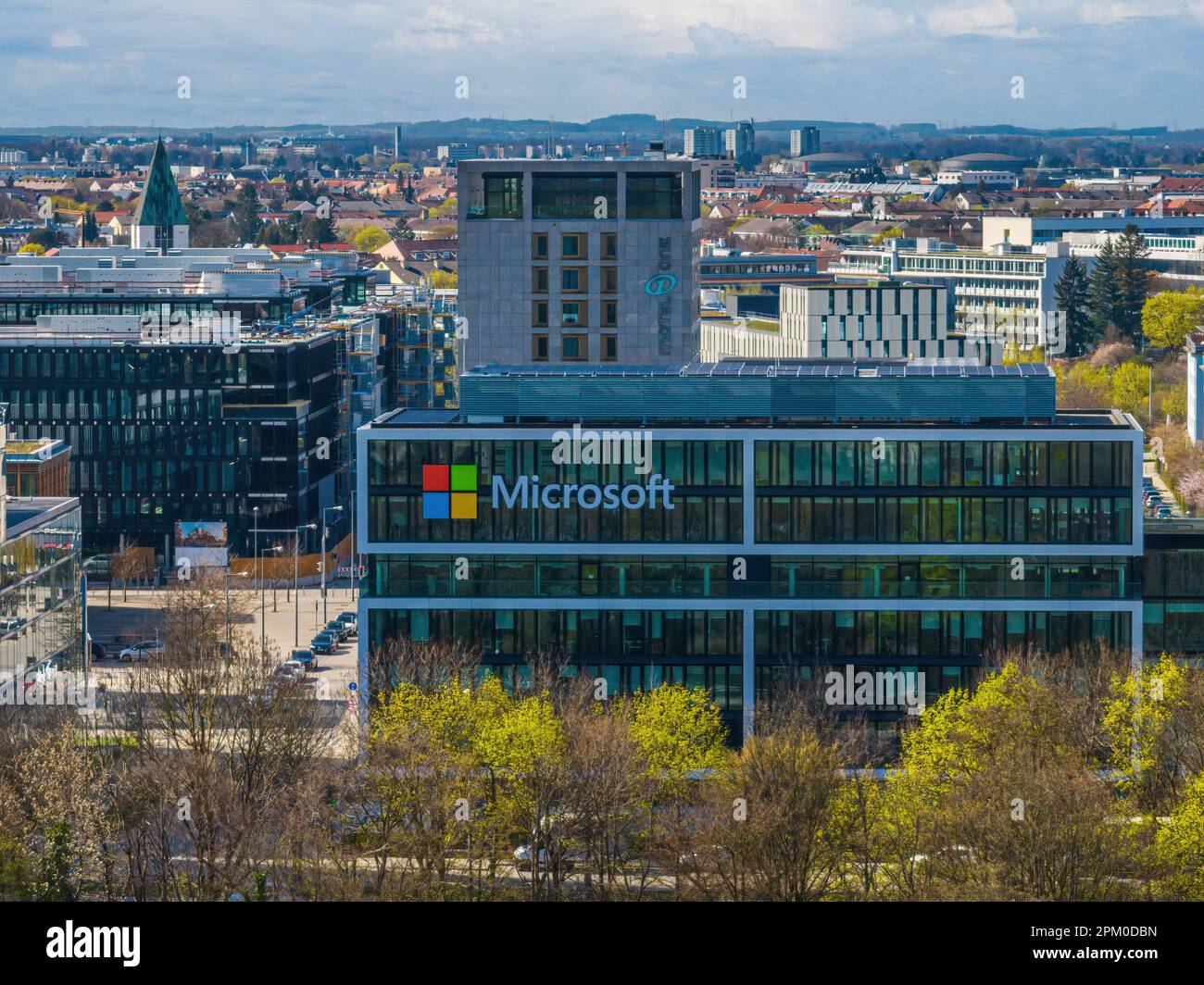 MUNICH, GERMANY - APRIL 10, 2023: Microsoft logo at the company office ...
