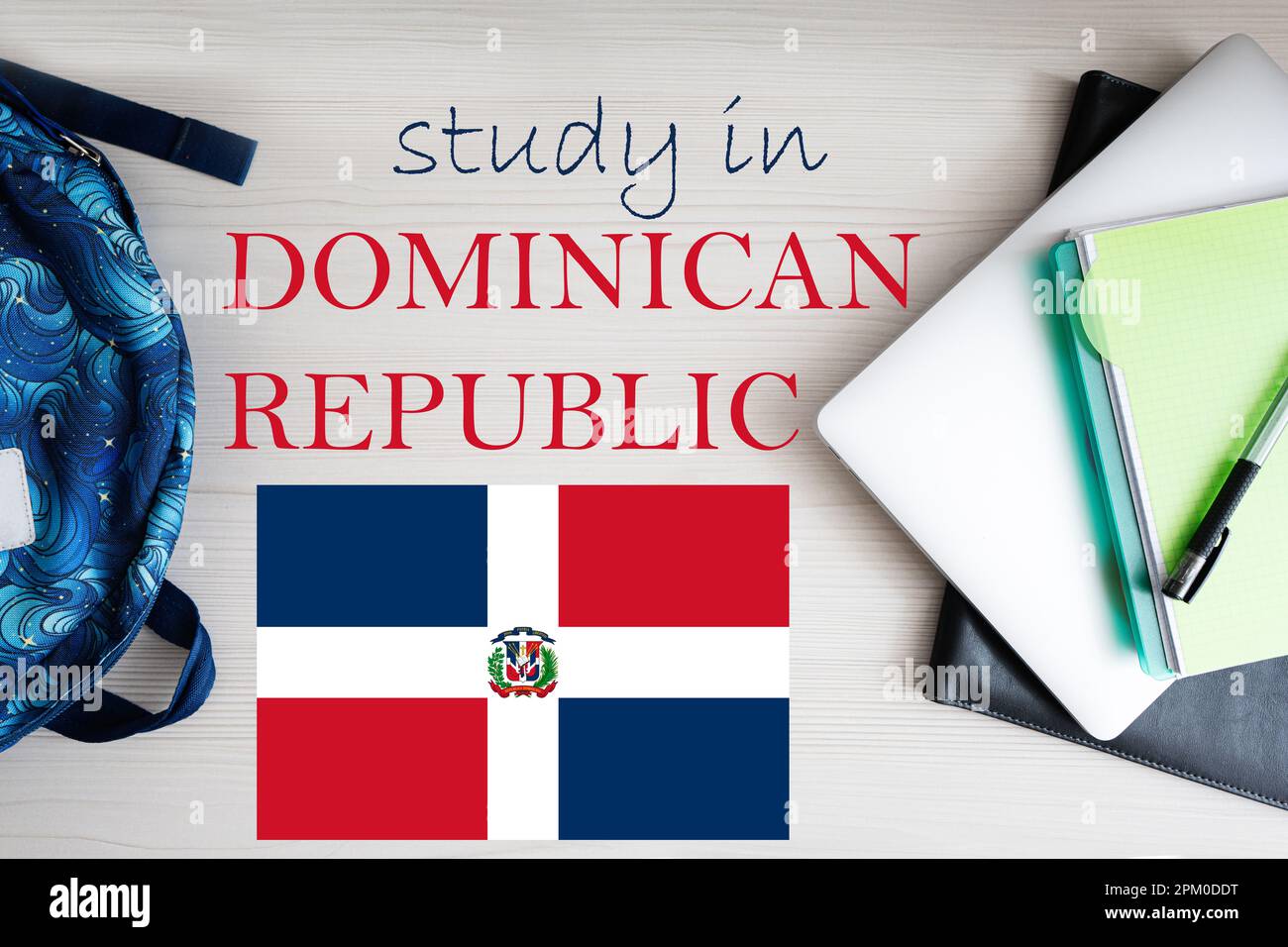 Study in Dominican Republic. Background with notepad, laptop and ...