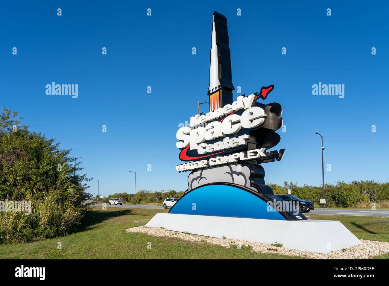 Kennedy Space Center Visitor Complex sign is shown in Merritt Island ...