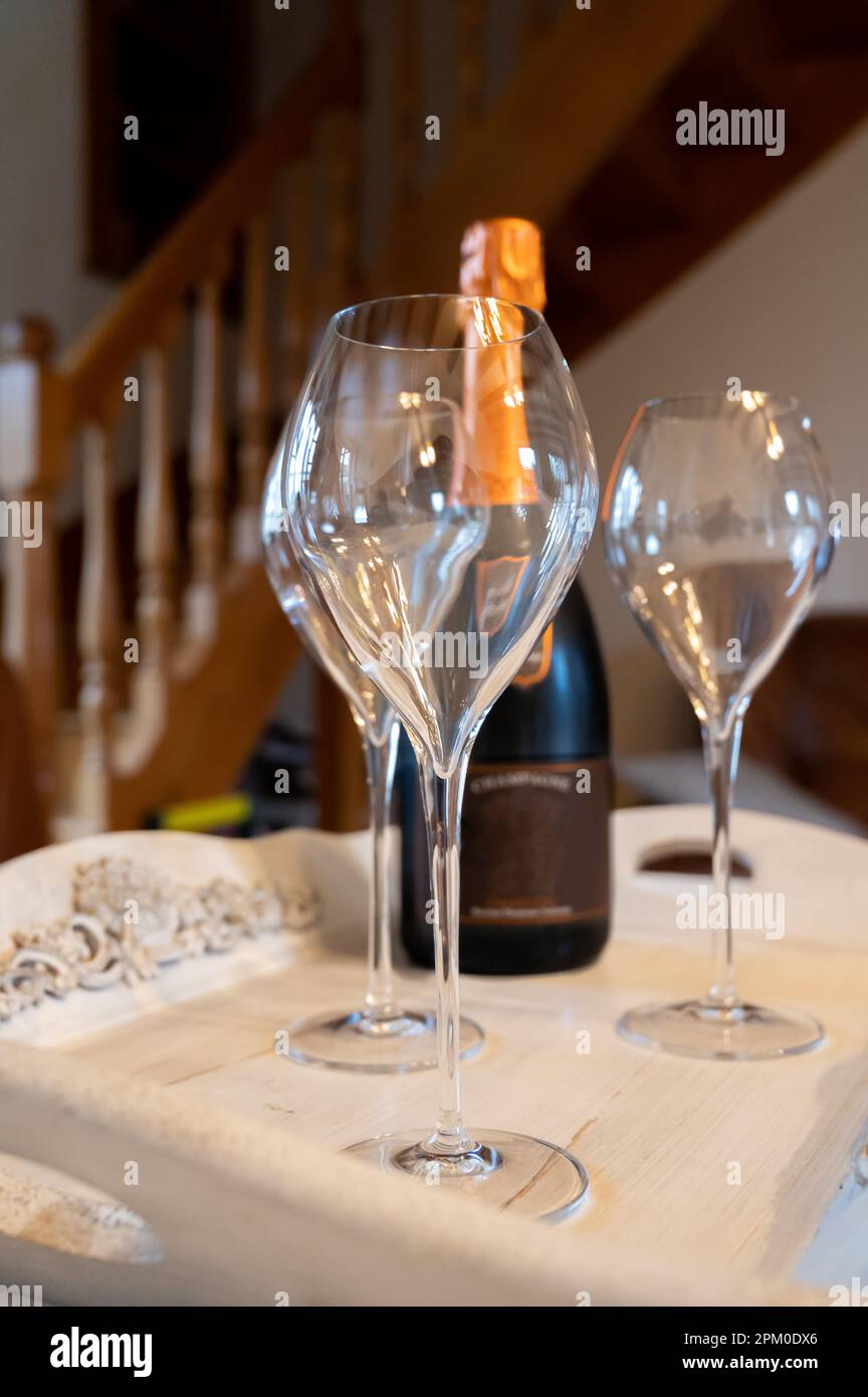 Tasting glass with cold brut Champagne sparkling wine in cellars of ...