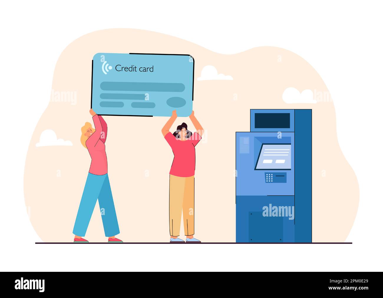 Two tiny cartoon women carrying credit card towards ATM Stock Vector ...