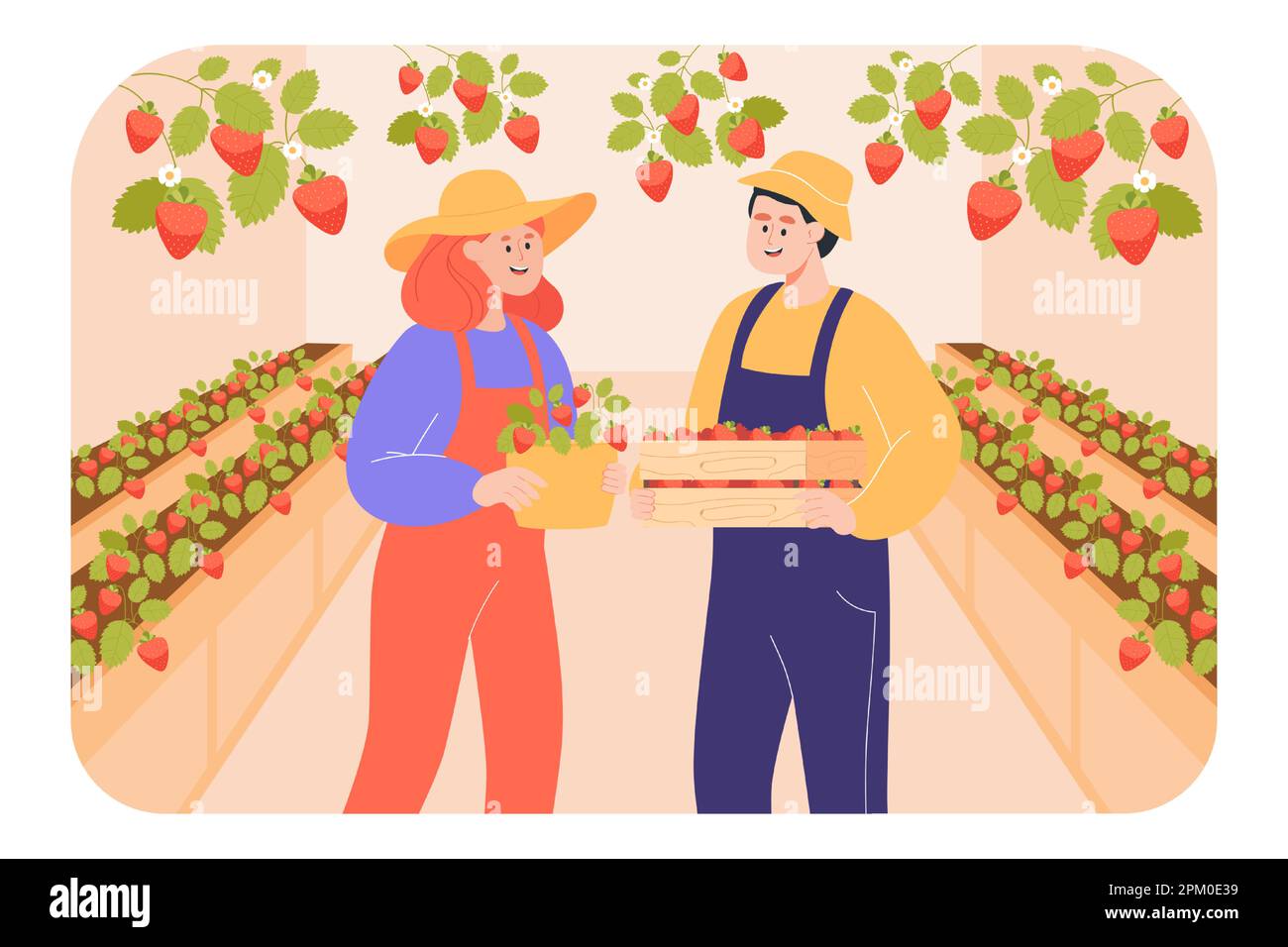 Farmers with baskets of strawberries flat vector illustration Stock ...