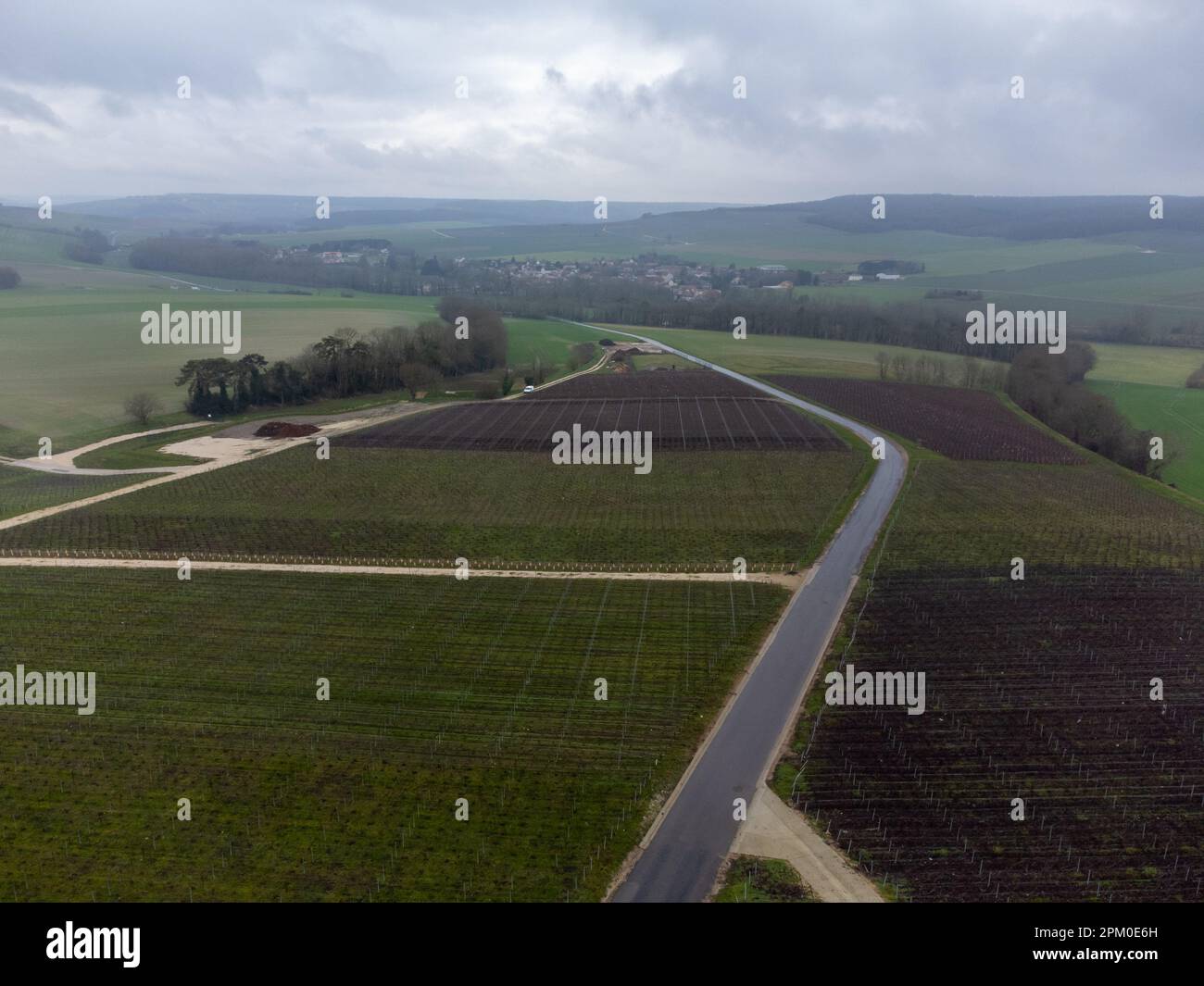 Winter cloudy aerial view on Val de Livre en gran cru vineyards of ...