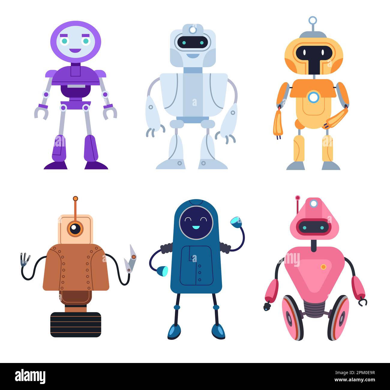 Various happy childish robots cartoon illustration collection Stock ...