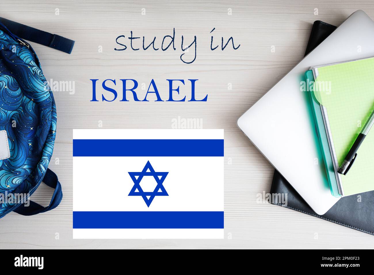 Study in Israel. Background with notepad, laptop and backpack ...