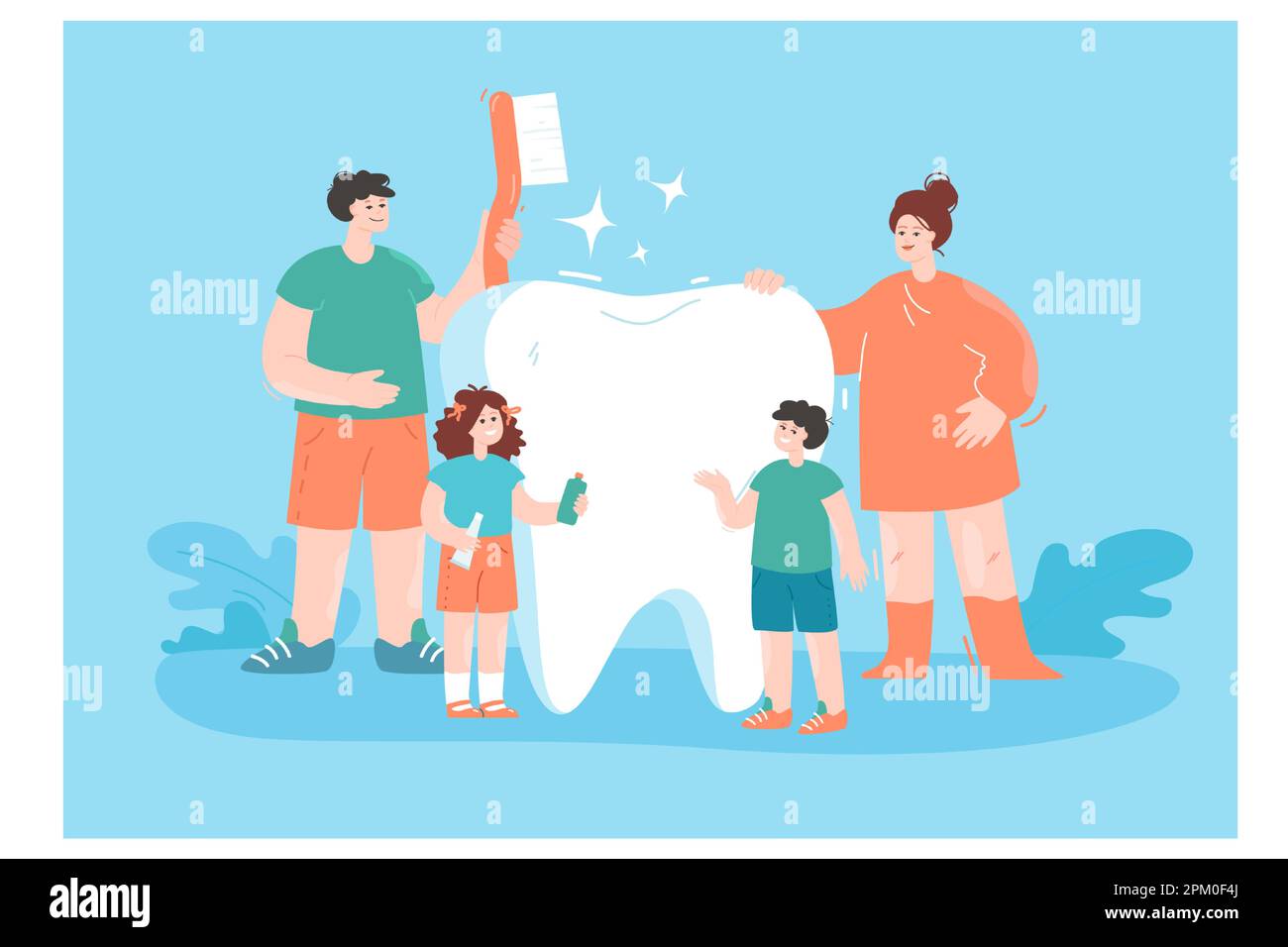 Happy cartoon family standing next to big molar tooth Stock Vector ...