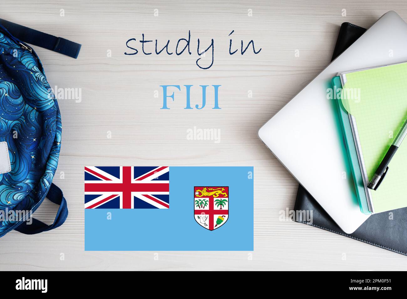 Study in Fiji. Background with notepad, laptop and backpack. Education ...
