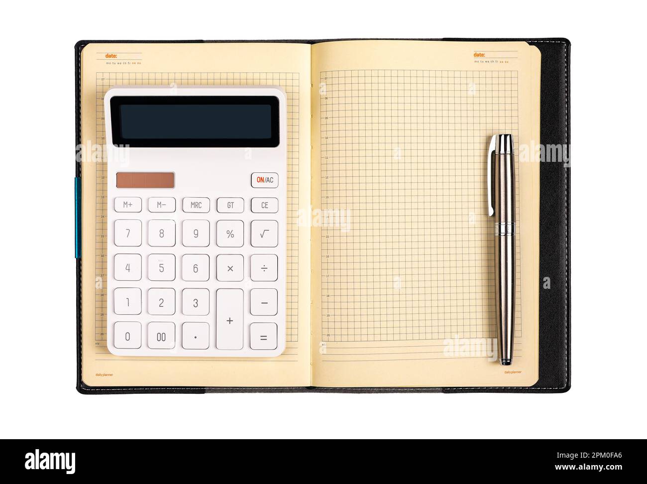 Open notepad, calculator, pen top view, isolated on white Stock Photo ...