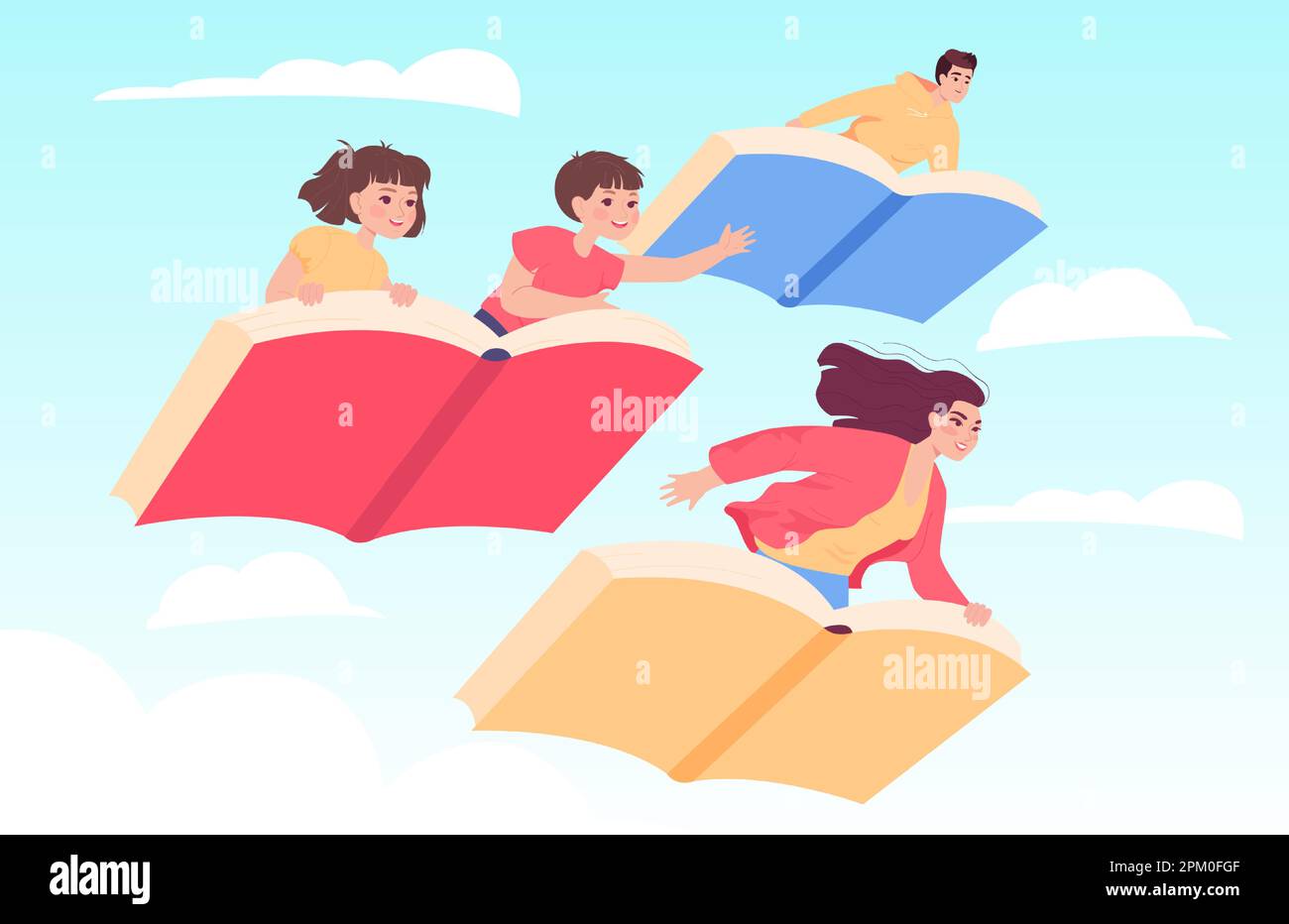 Cartoon family flying on open books in sky Stock Vector Image & Art - Alamy