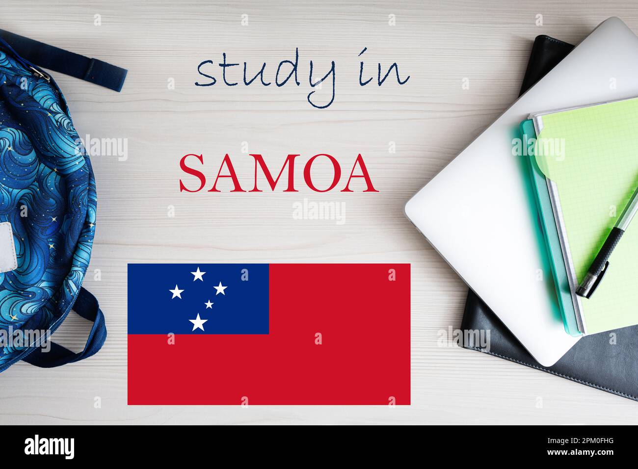 Study in Samoa. Background with notepad, laptop and backpack. Education ...