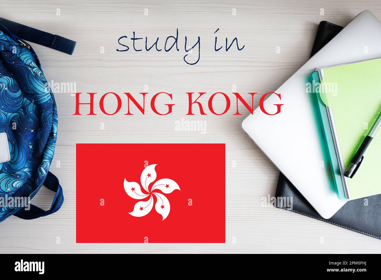 Study in Hong Kong. Background with notepad, laptop and backpack ...