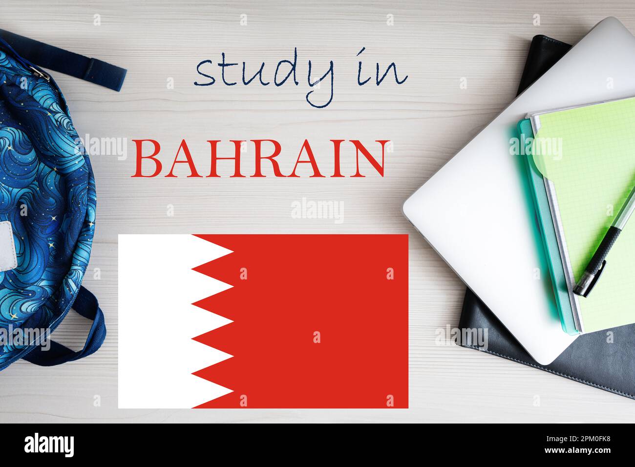 Study in Bahrain. Background with notepad, laptop and backpack ...
