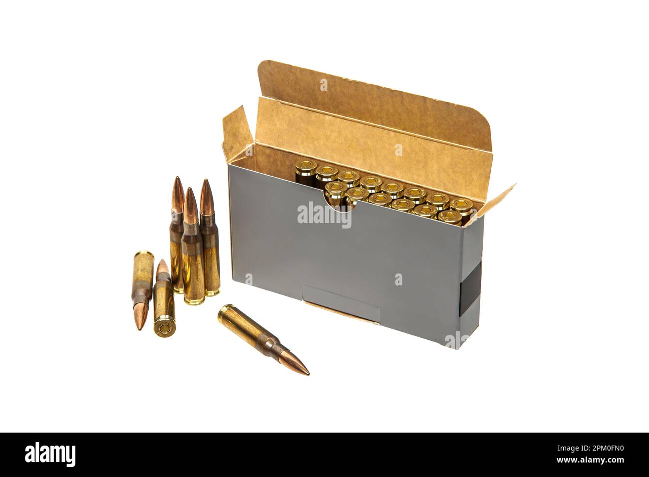 Open ammo box. Cartridges for rifle and carbine. Isolate on a white ...