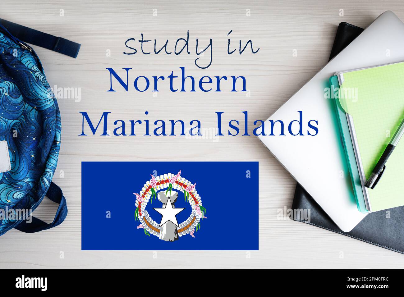 Study in Northern Mariana Islands. Background with notepad, laptop and ...