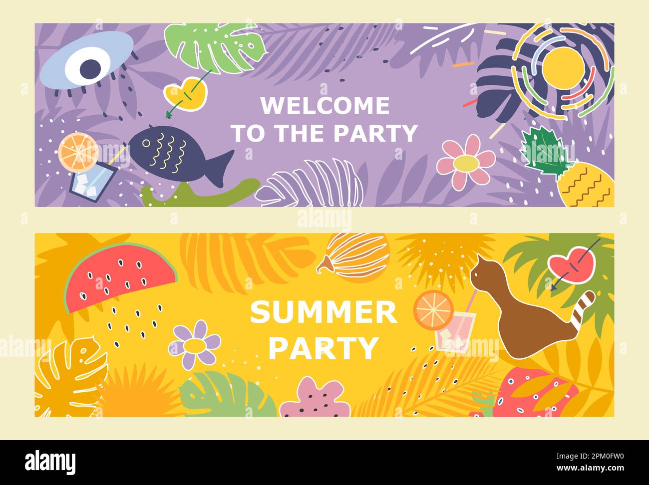 Set of vector banners for a summer beach party with fruits and ...