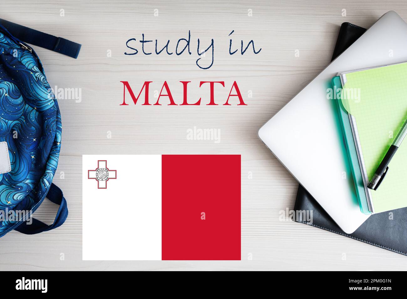 Study in Malta. Background with notepad, laptop and backpack. Education ...