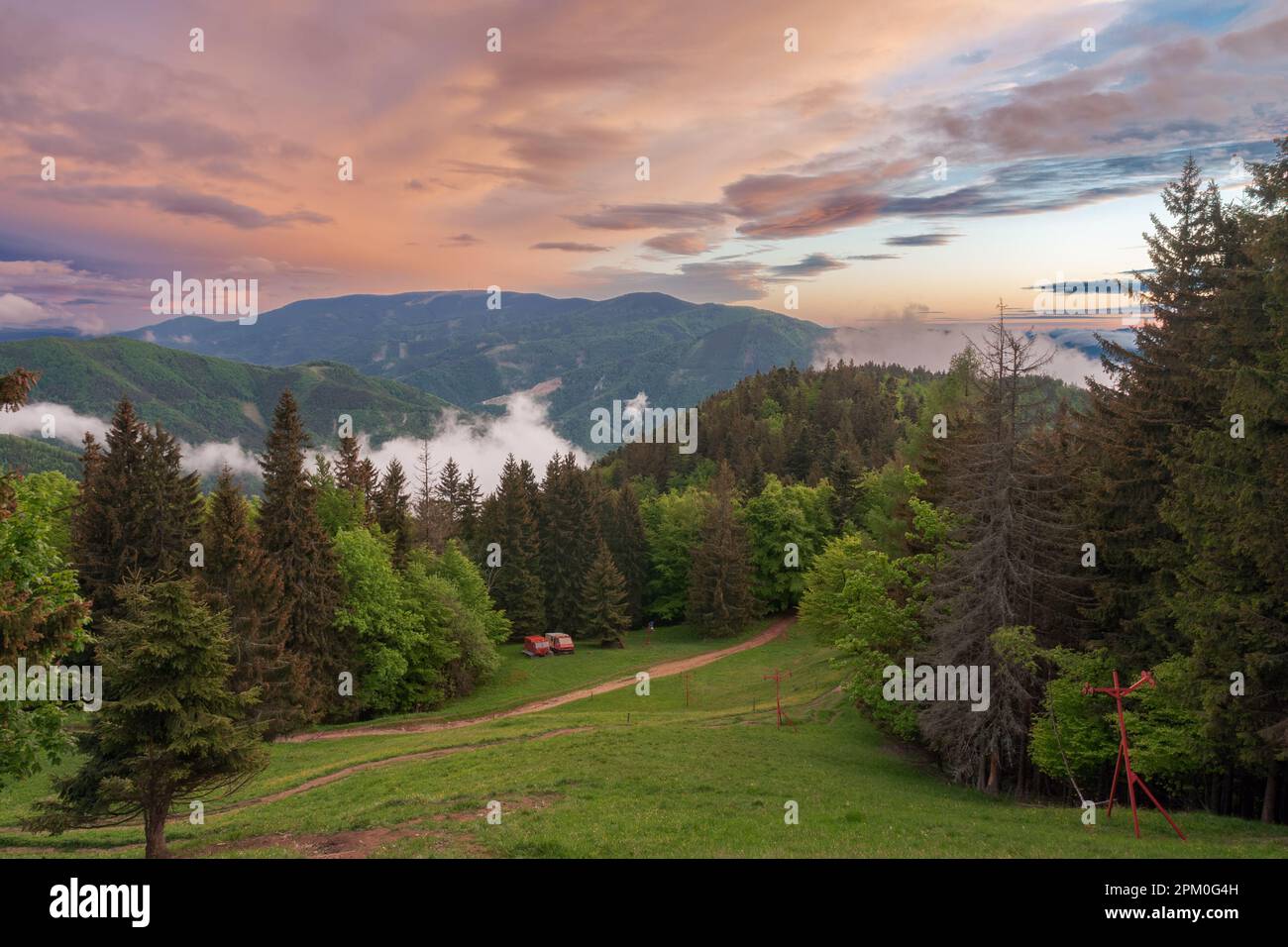 Two snowcats, view from chalet under Suchy, national park Mala Fatra ...