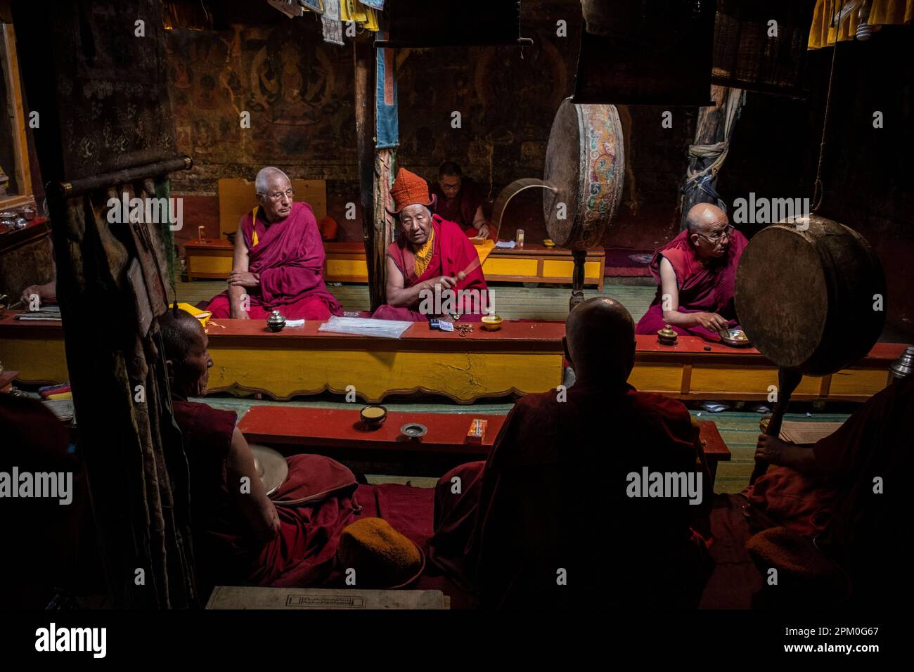 Monks in the prayer hall of Stongdey Monastery, Zanskar, Ladakh, India ...