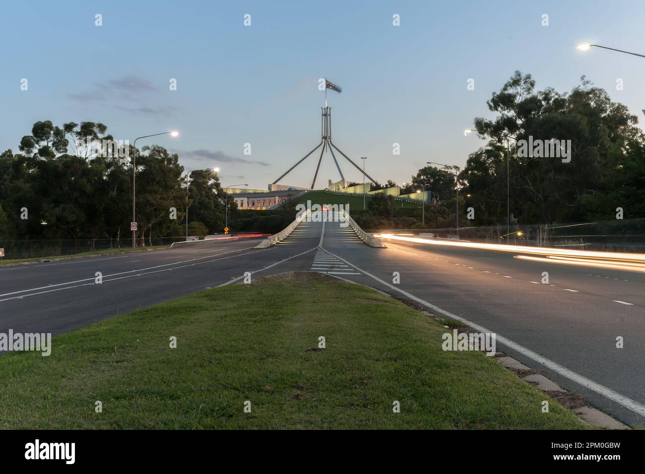 Architectural spire over at end of road on house of parliament in ...