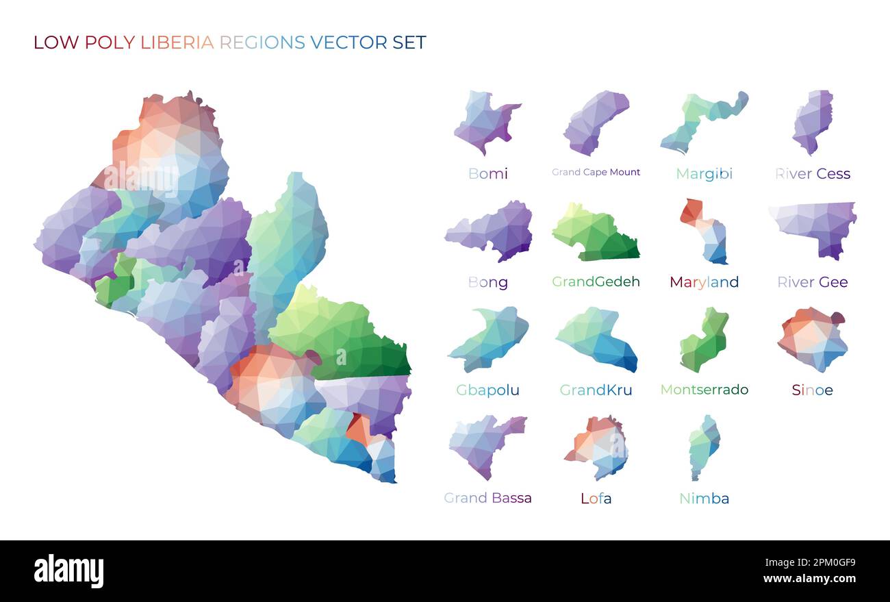 Liberian low poly regions. Polygonal map of Liberia with regions. Geometric maps for your design ...