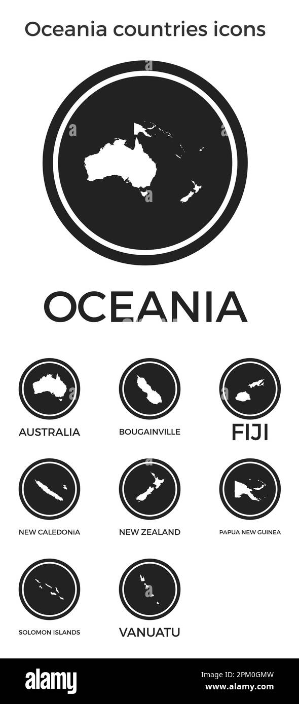 Oceania countries icons. Black round logos with continent countries ...