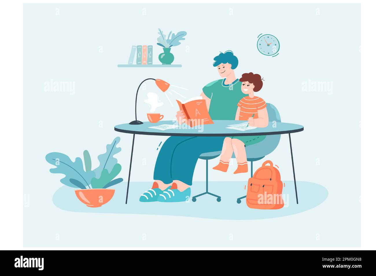Cartoon father reading book and helping son with homework Stock Vector ...