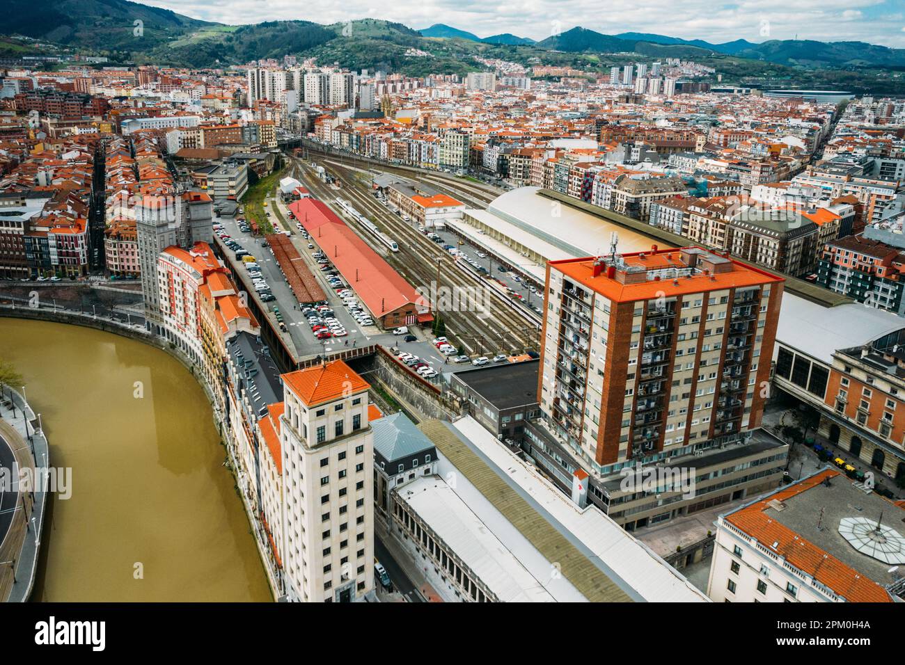 Aerial drone view of Abando train station in Bilbao, Basque Country ...