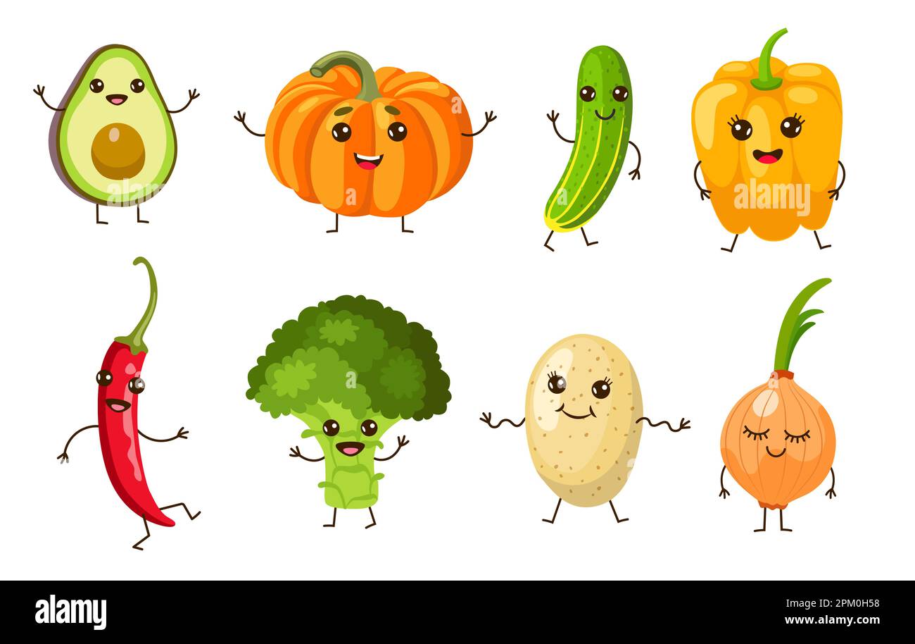 Vegetable characters with kawaii faces cartoon illustration set Stock ...