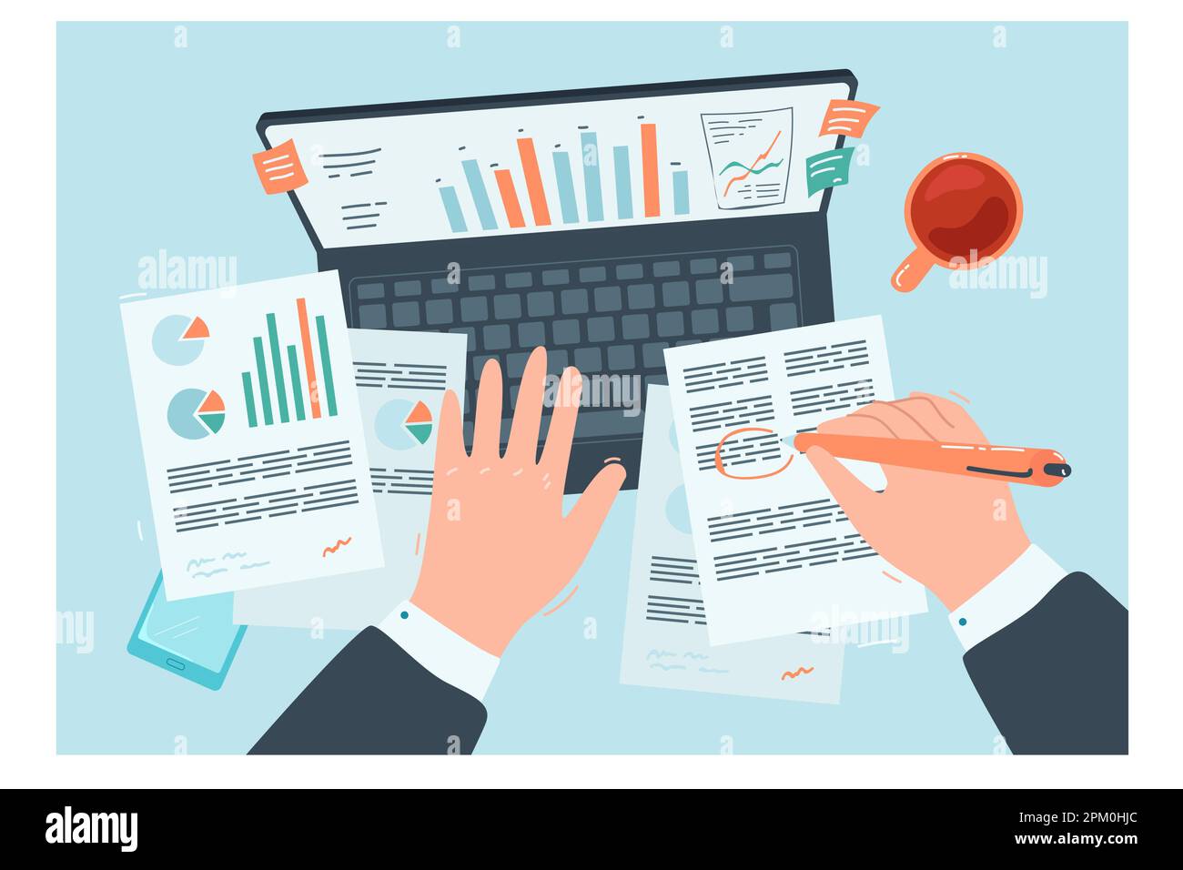 Top view of accountant analyzing business documents Stock Vector Image ...