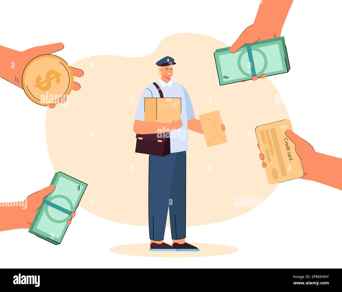 Huge hand giving money to tiny postman with package Stock Vector Image ...