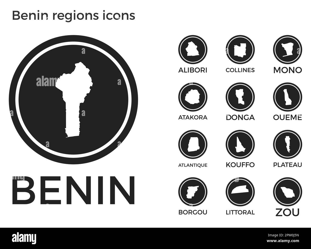 Benin regions icons. Black round logos with country regions maps and titles. Vector illustration ...