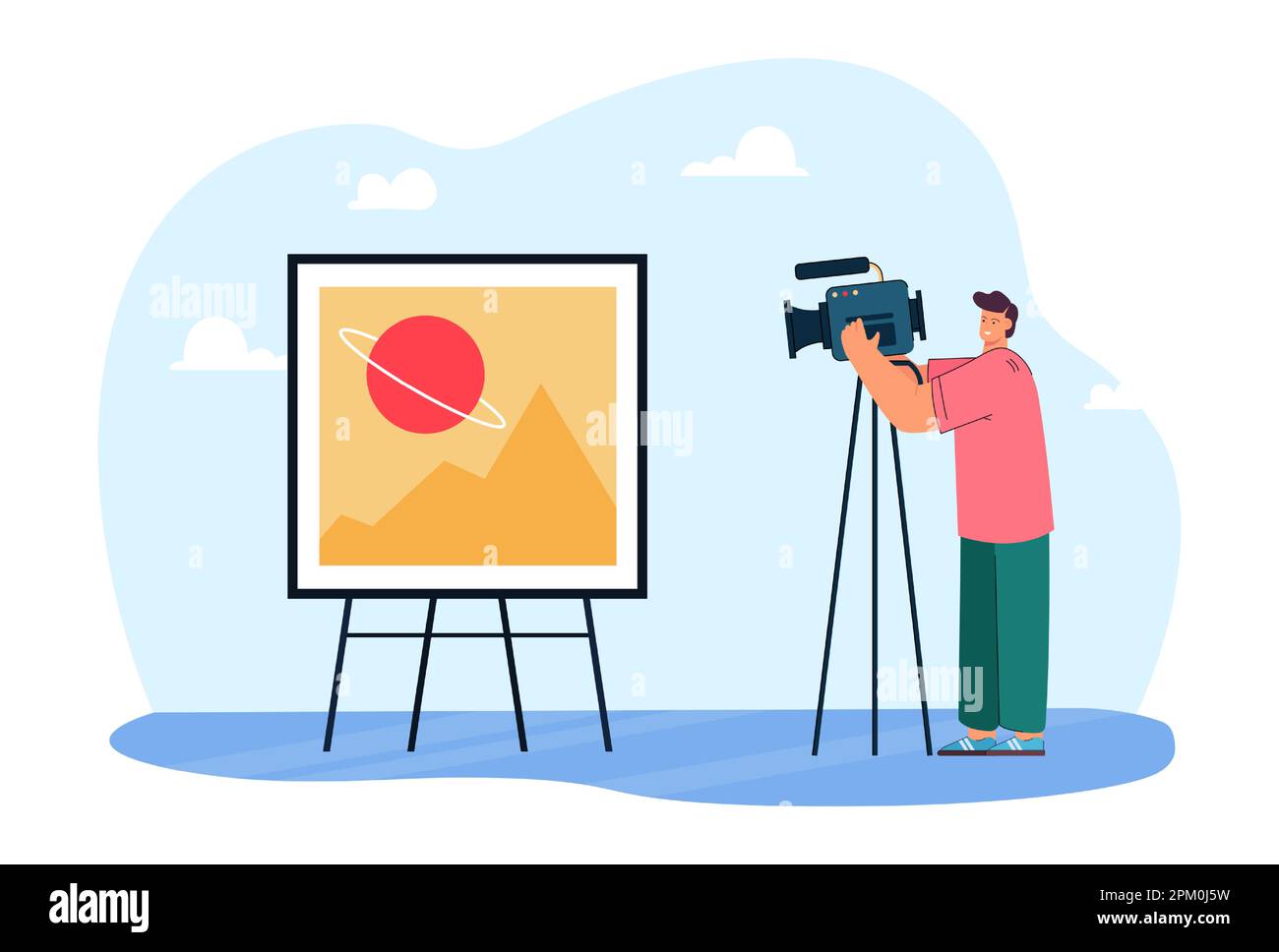 Man filming reportage in art gallery flat vector illustration Stock ...