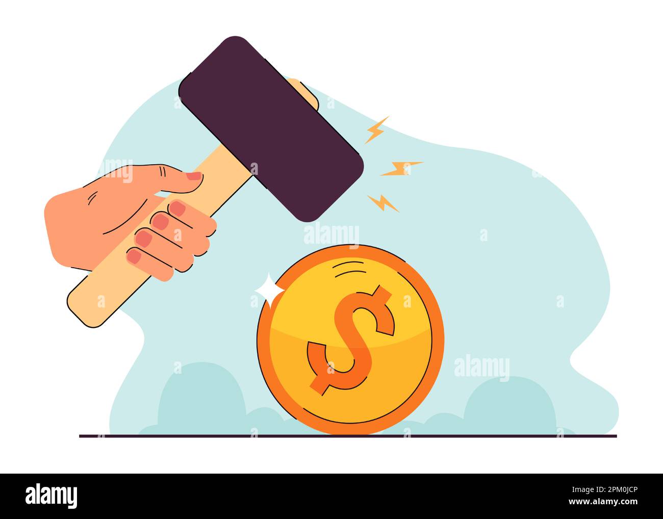 Hand of person hitting big gold coin with hammer Stock Vector Image ...