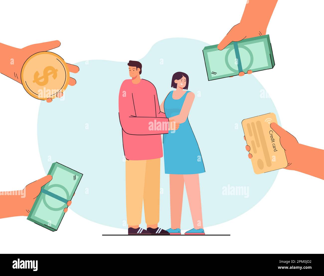 Hands offering money to hugging husband and wife Stock Vector Image ...