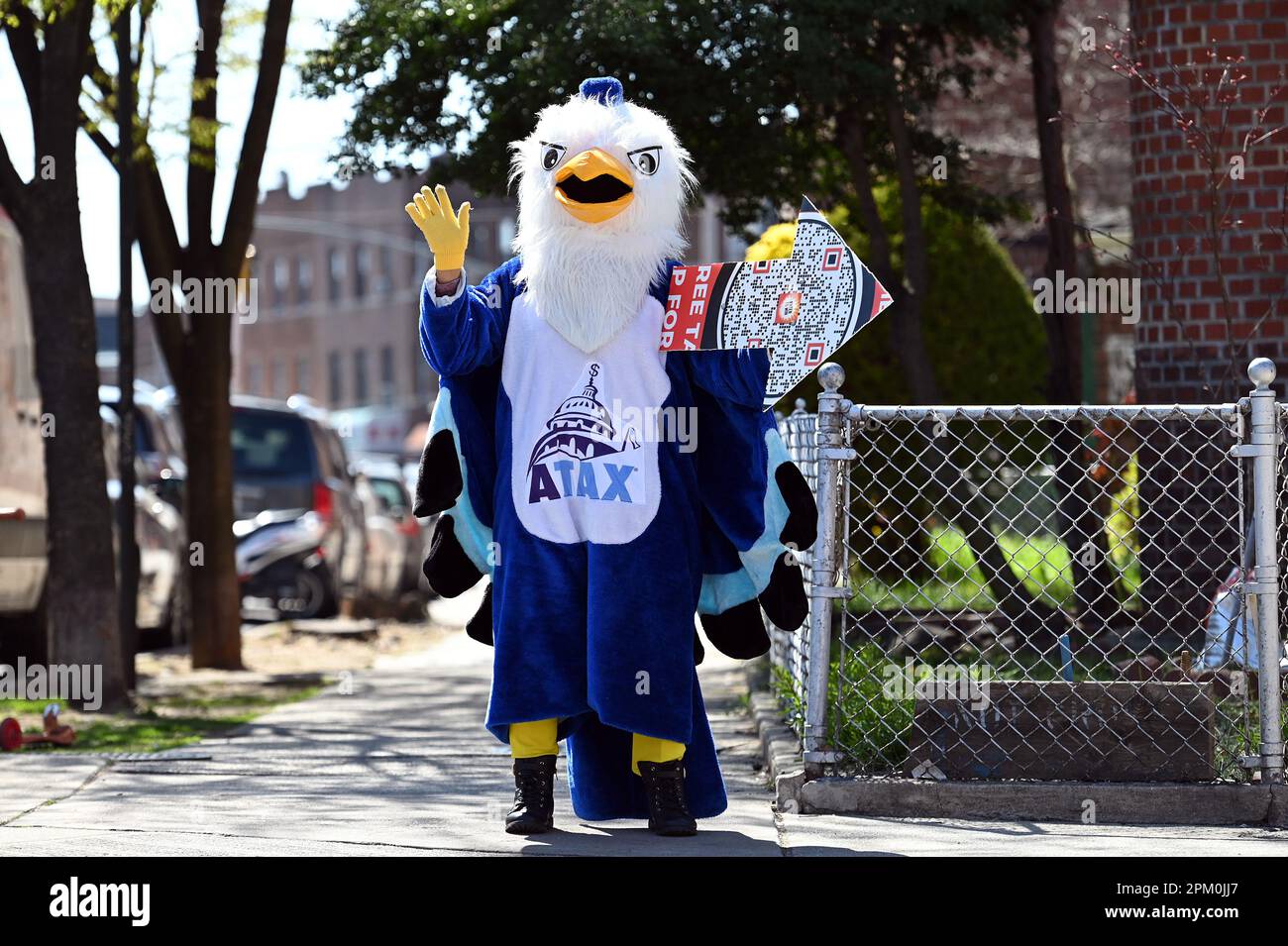 New York, USA. 10th Apr, 2023. A person in an Eagle suit promotes ATAX ...