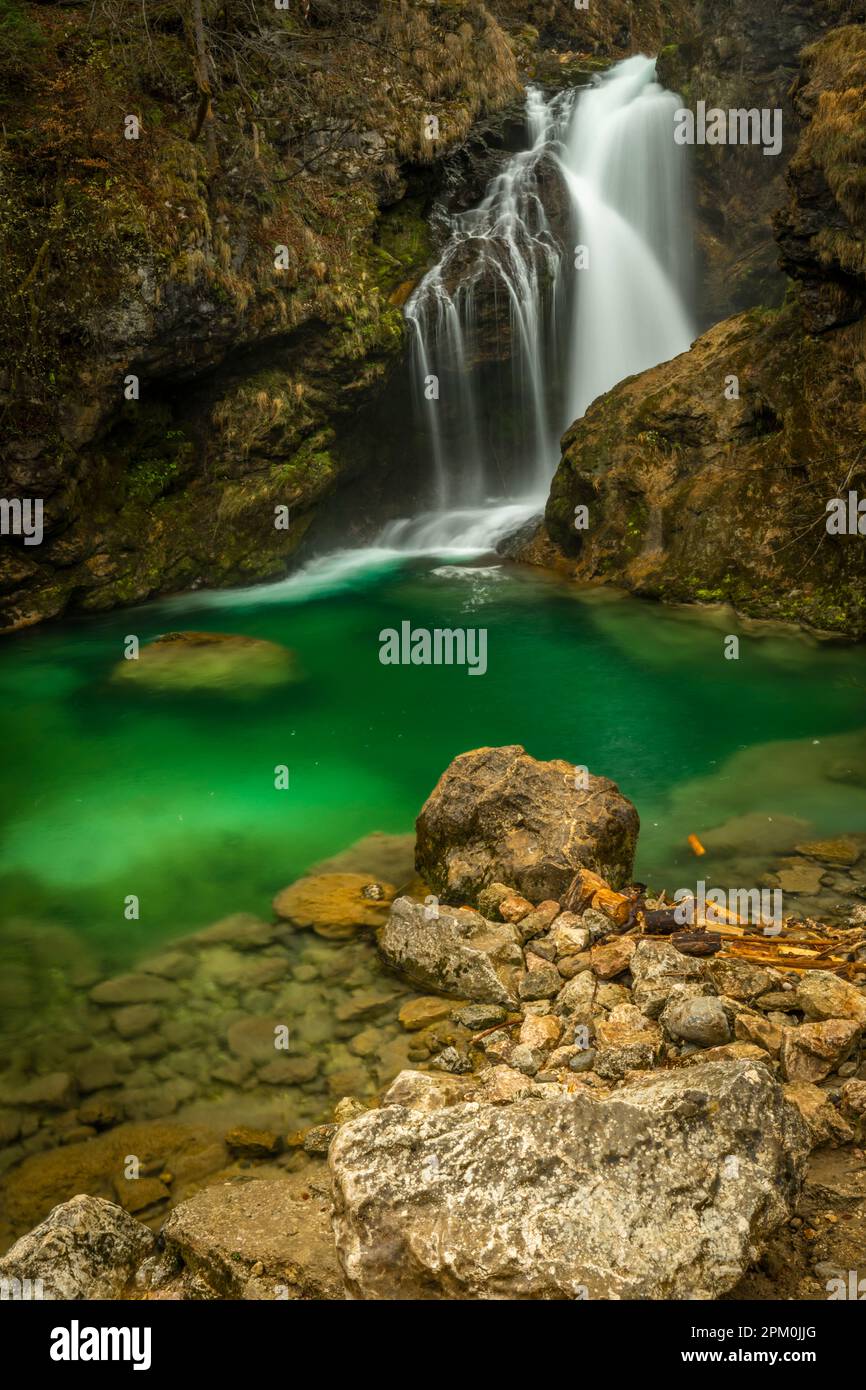Sum waterfall on Radovna river in spring color fresh north Slovenia ...