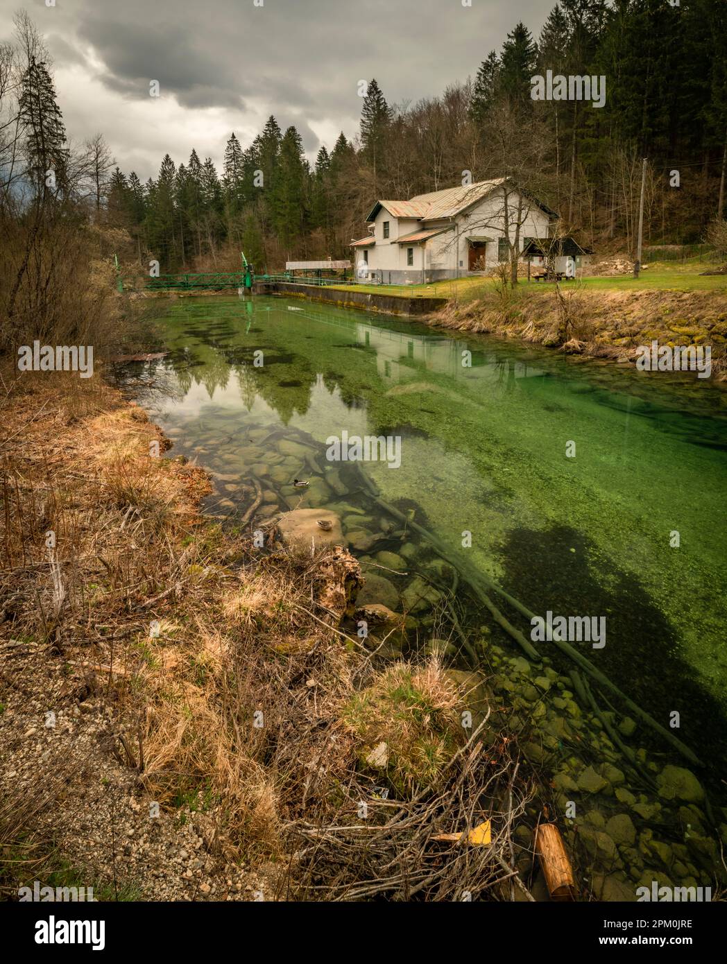 Water powerplant near Sum waterfall on Radovna river in spring color ...