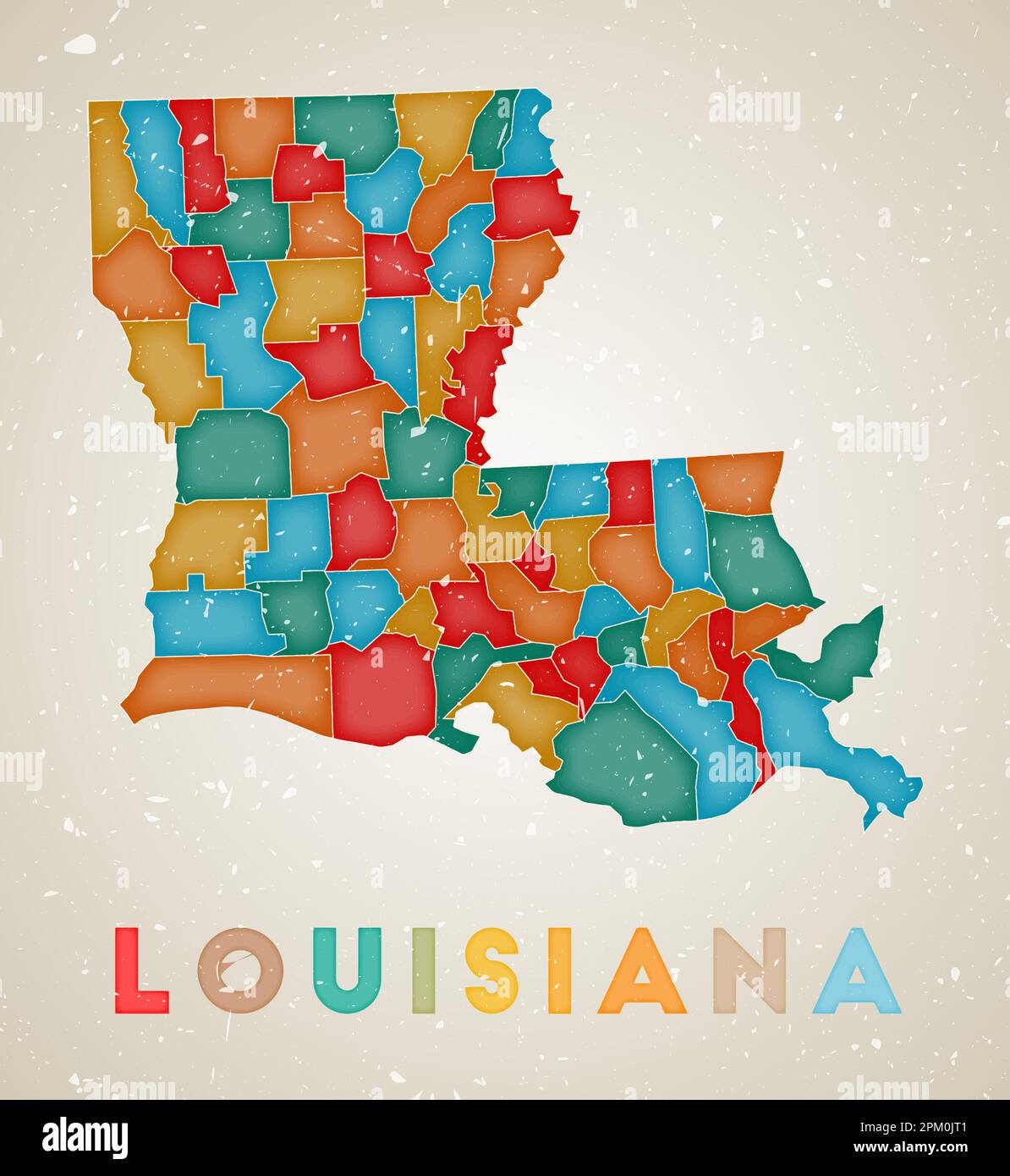 Louisiana map. US state poster with colored regions. Old grunge texture ...