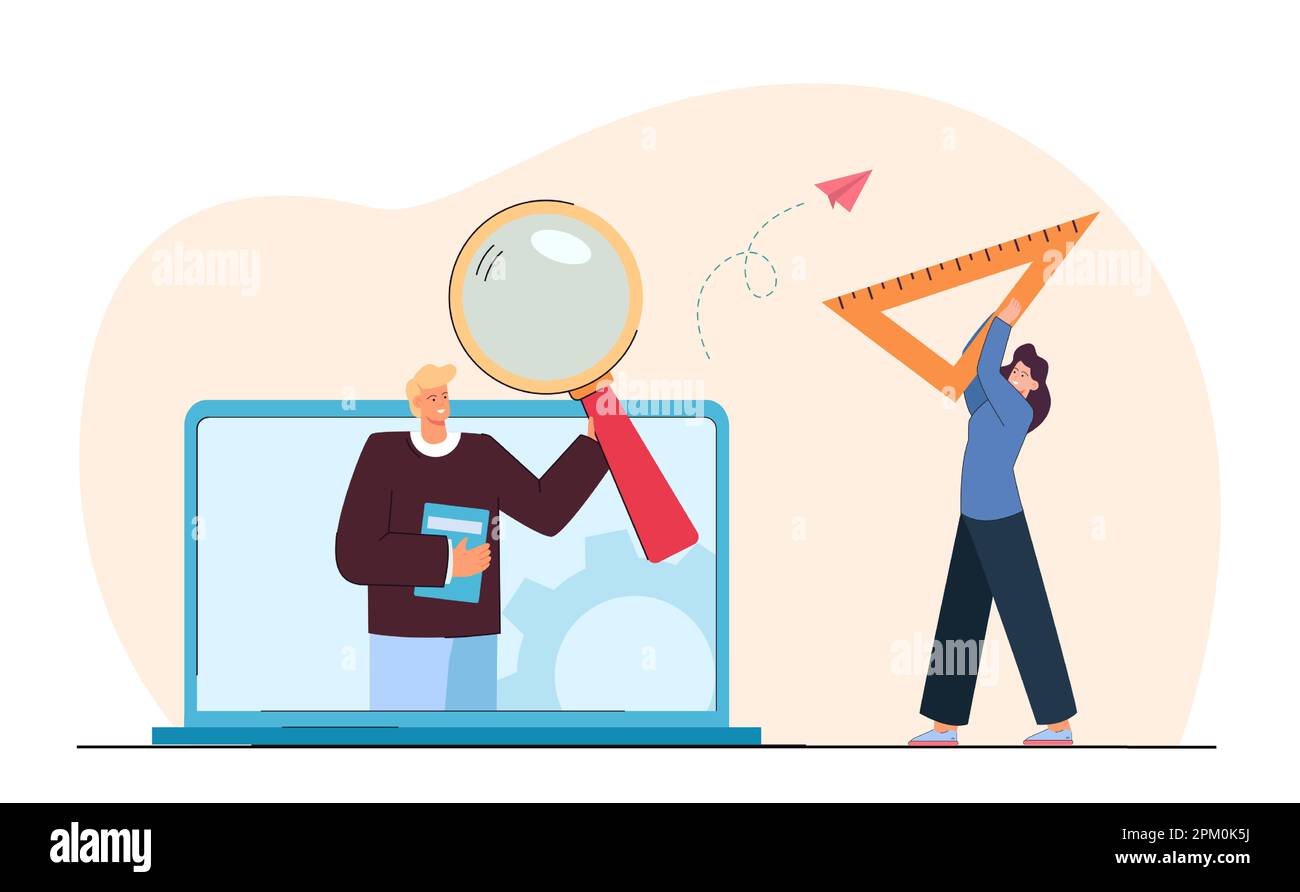 Teacher on laptop screen and tiny student with triangle ruler Stock ...