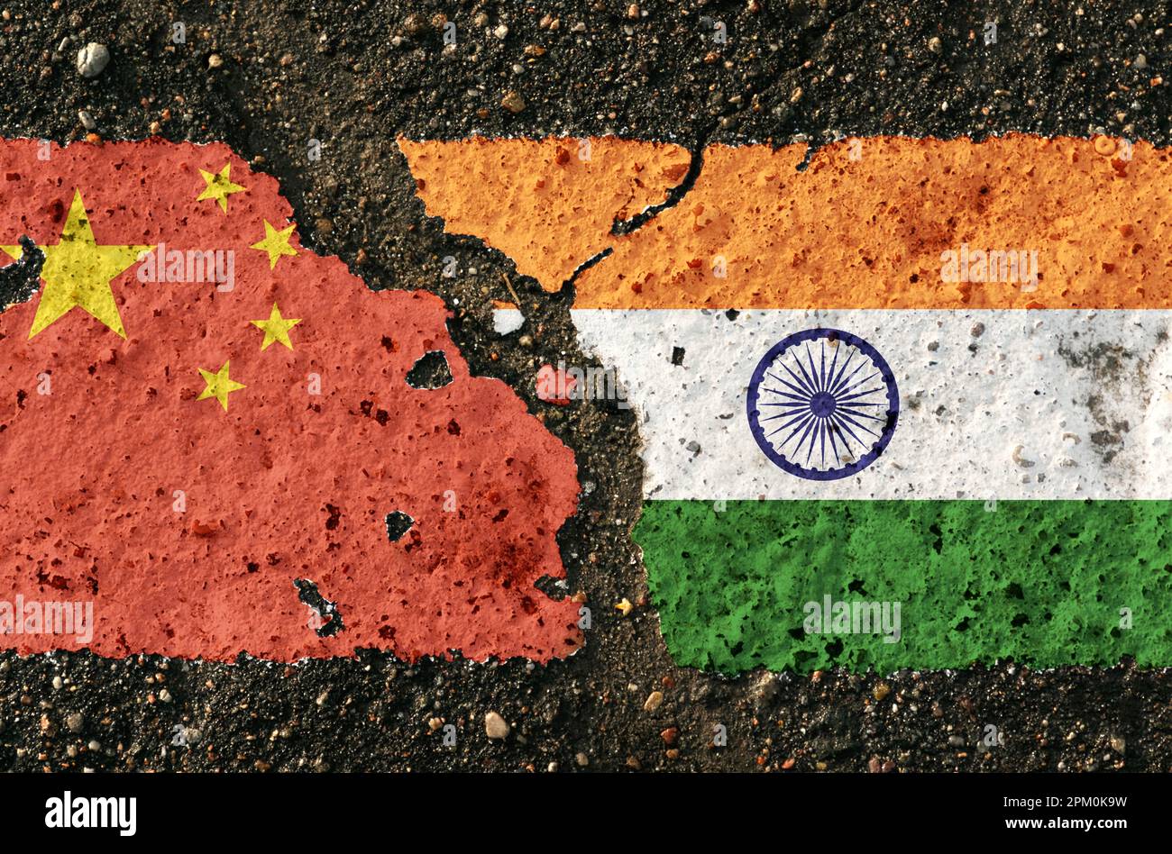 On the pavement there are images of the flags of China and India, as a ...