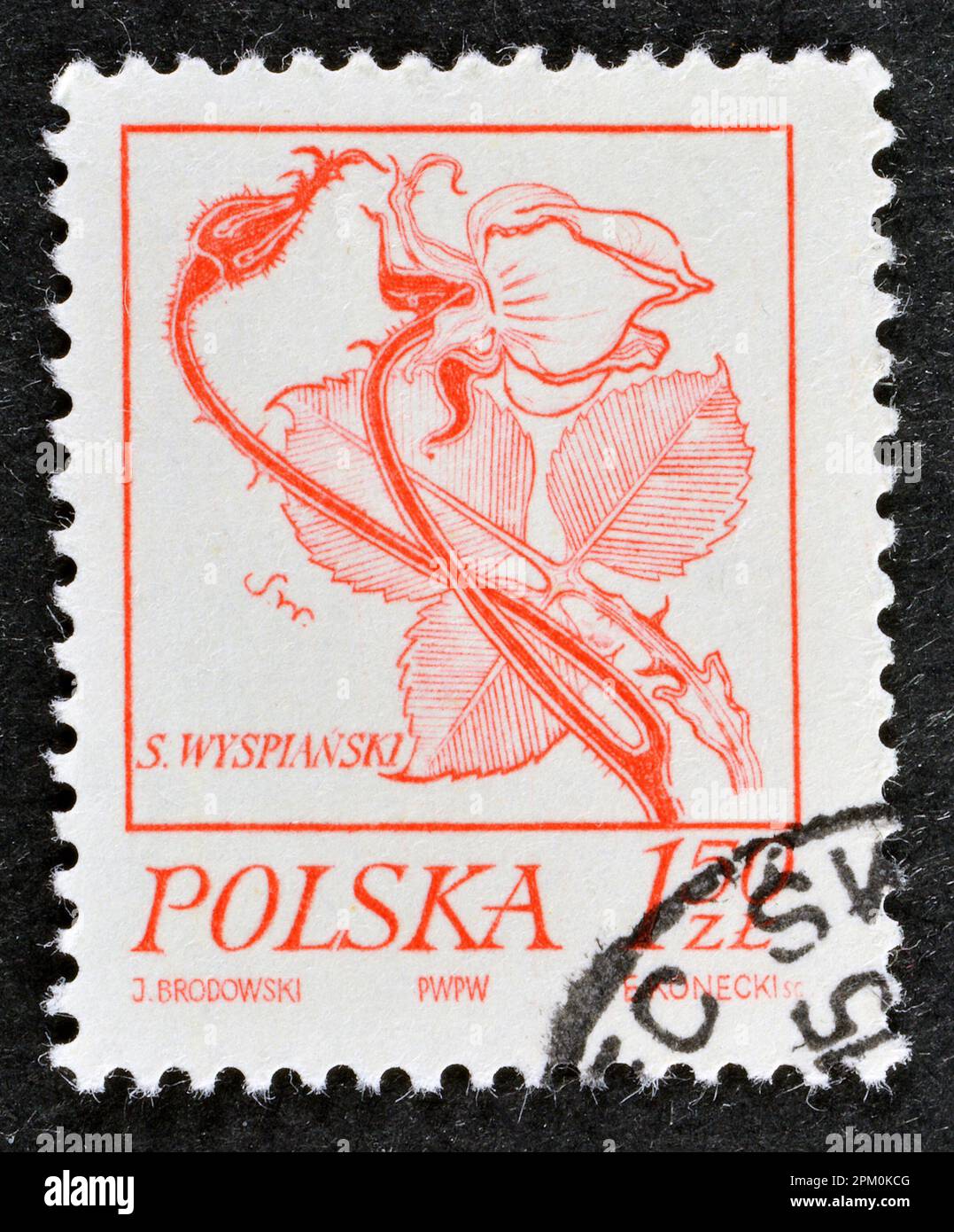 Cancelled postage stamp printed by Poland, that shows Rose - Wyspianski ...