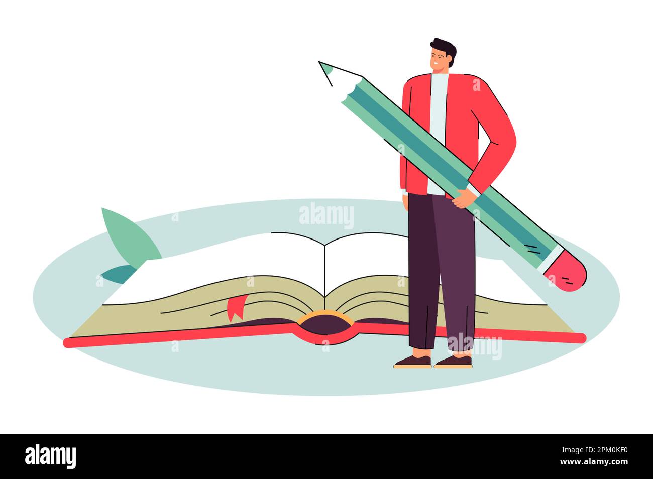 Tiny man standing next to huge open book and holding pencil Stock ...