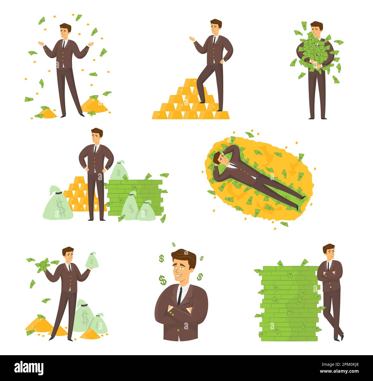 Happy rich man in different poses standing near money Stock Vector ...