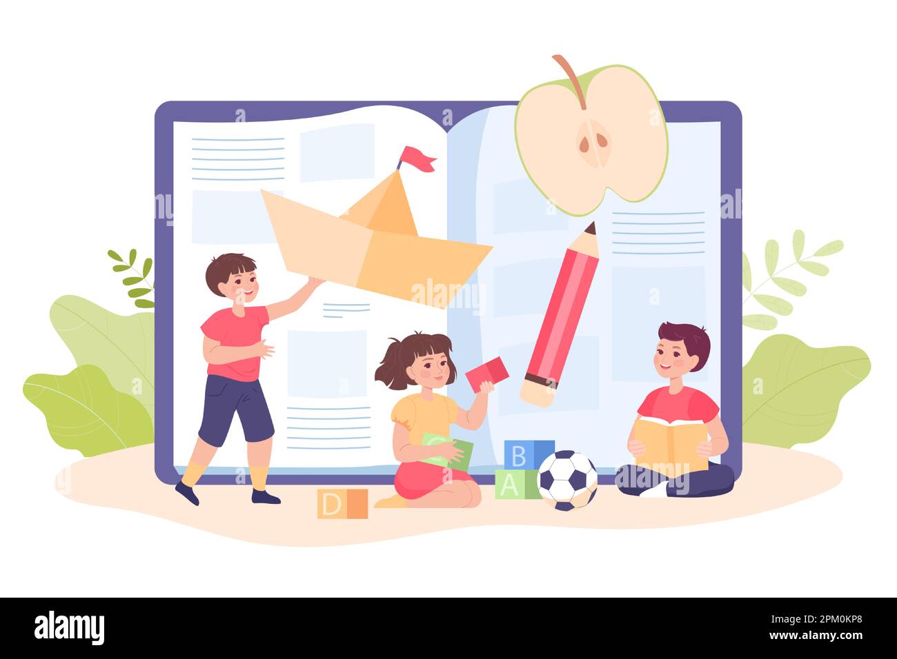 Children devoting time to learning flat vector illustration Stock ...